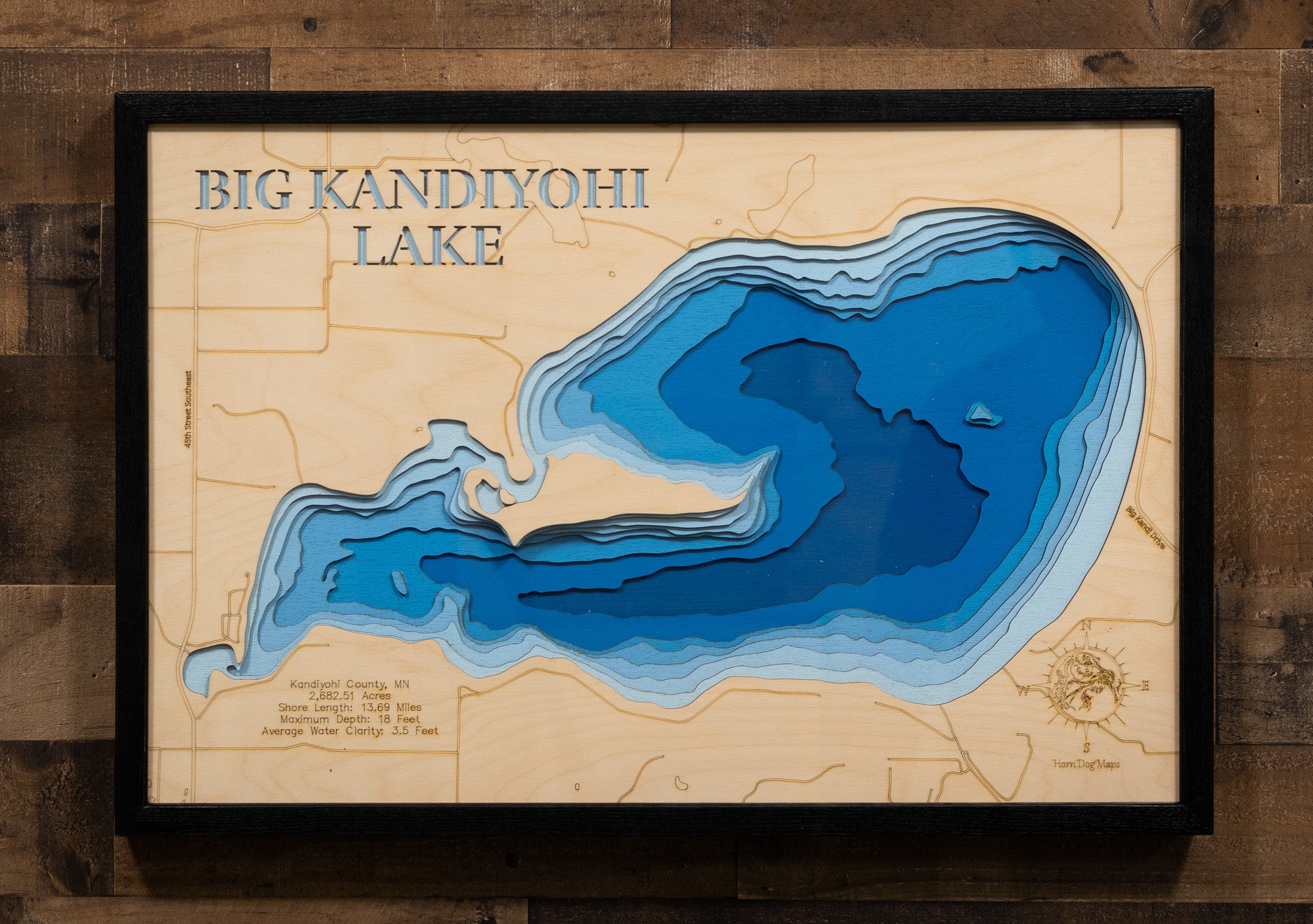 Big Kandiyohi Lake in Kandiyohi County, MN - 3D Wood Maps – Horn Dog Maps