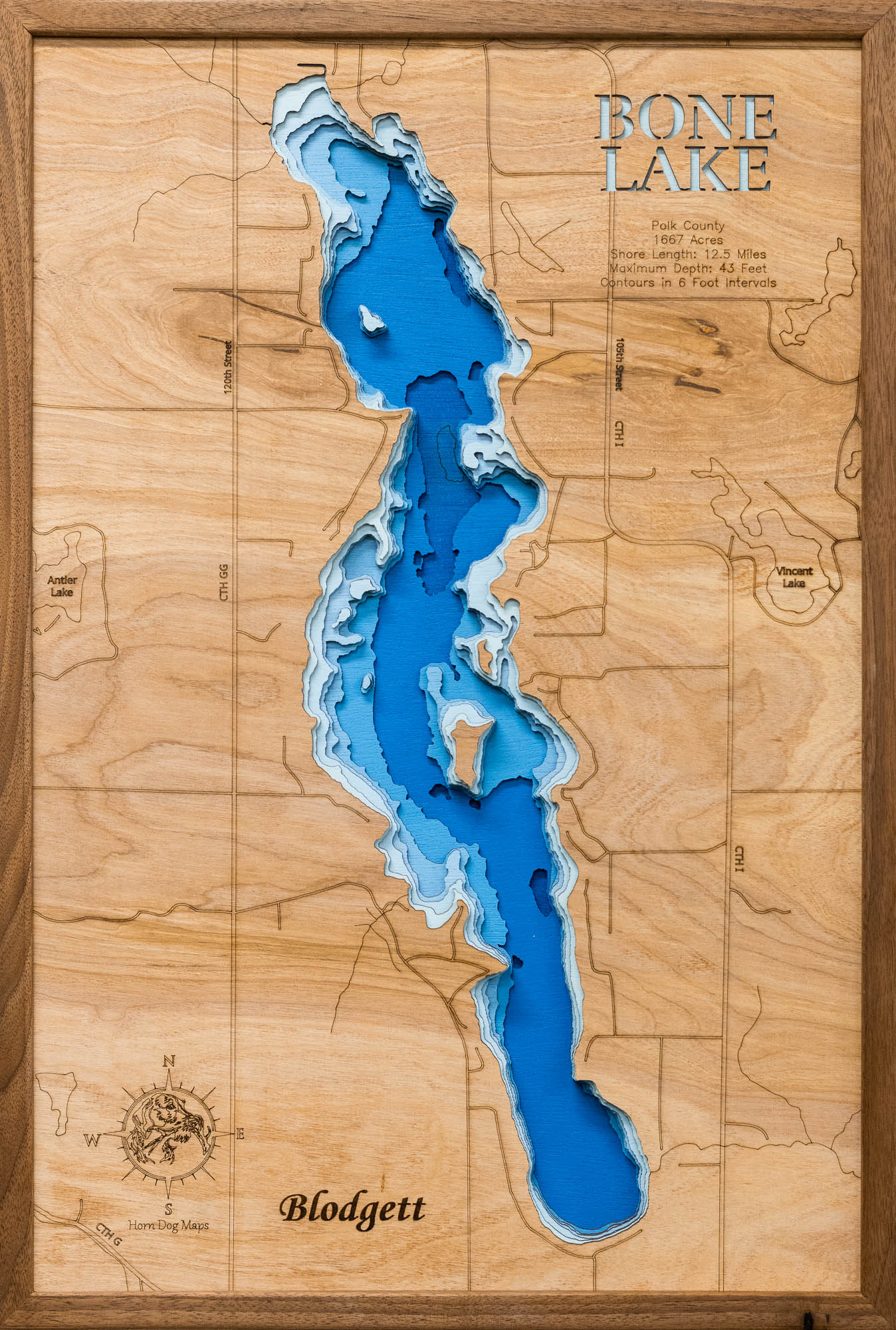 3D Wooden Lake Map of Bone Lake in Polk – Horn Dog Maps
