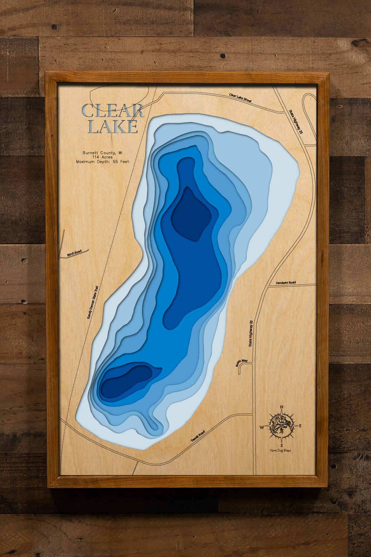 Clear Lake in Burnett County, Wisconsin - 3D Wood Maps – Horn Dog Maps