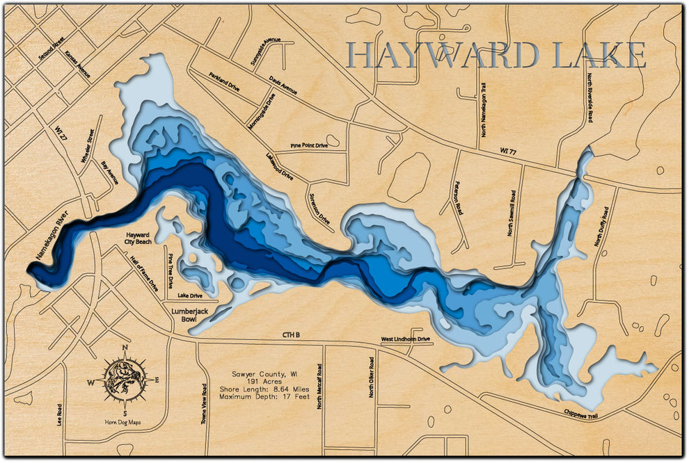 Hayward Lake in Sawyer County, WI - 3D Wood Maps – Horn Dog Maps