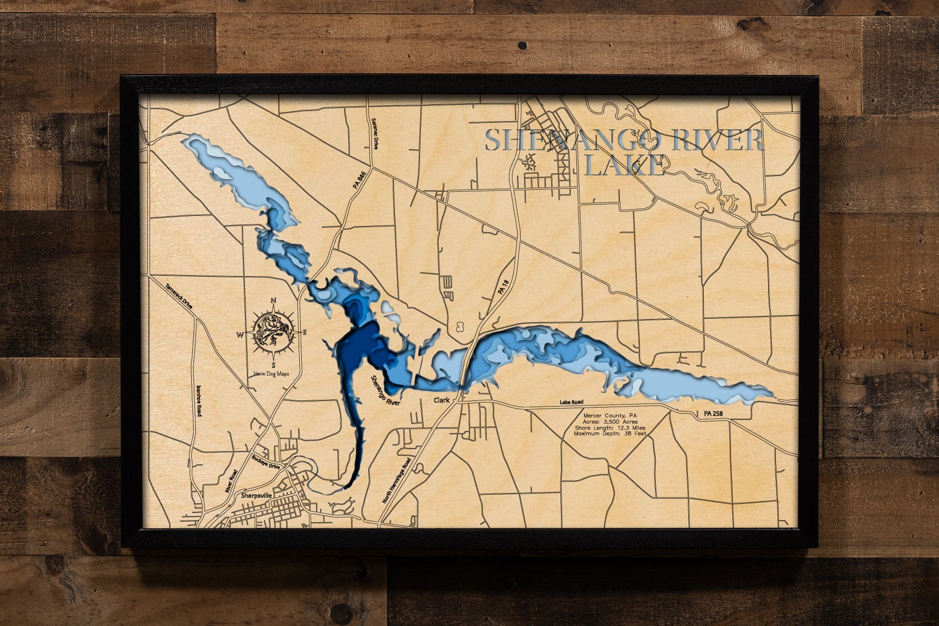 Shenango River Lake in Mercer County, PA - 3D Wood Maps – Horn Dog Maps