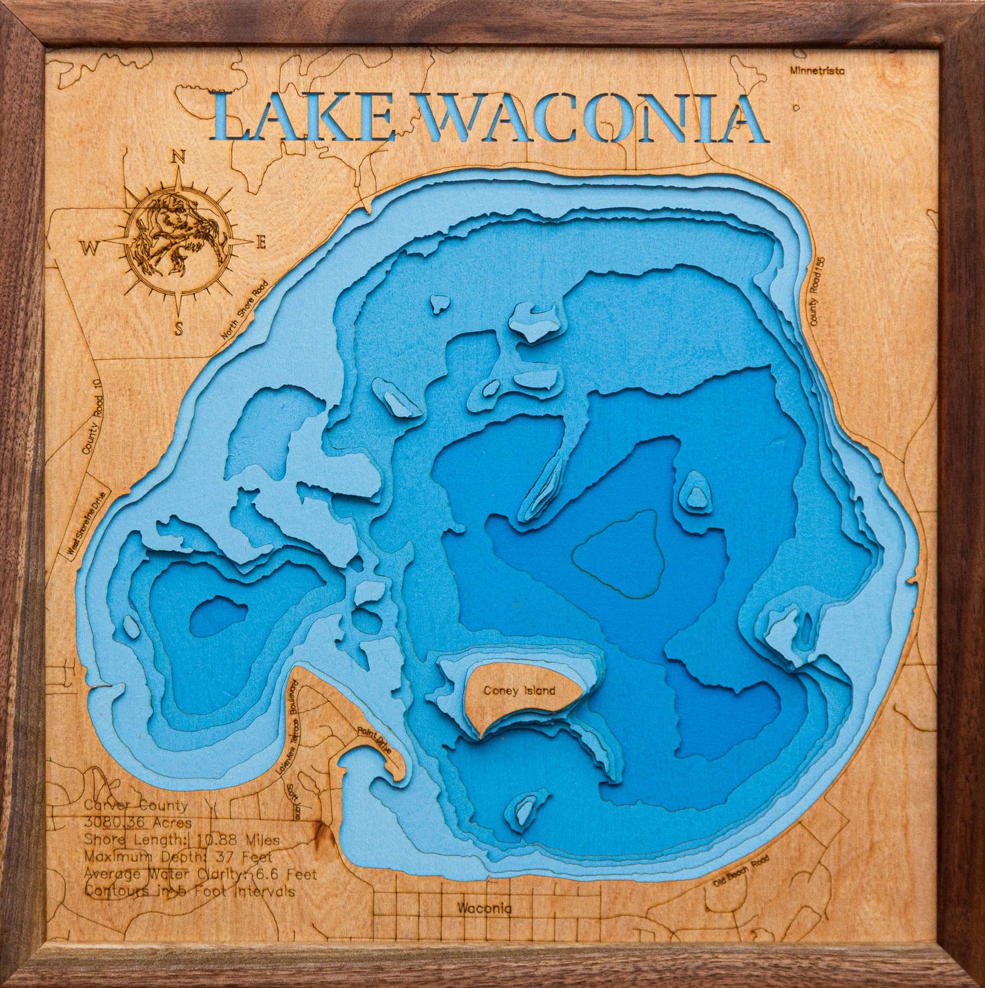 Laser Cut Map of Lake Waconia in Carver County, Minnesota – Horn Dog Maps